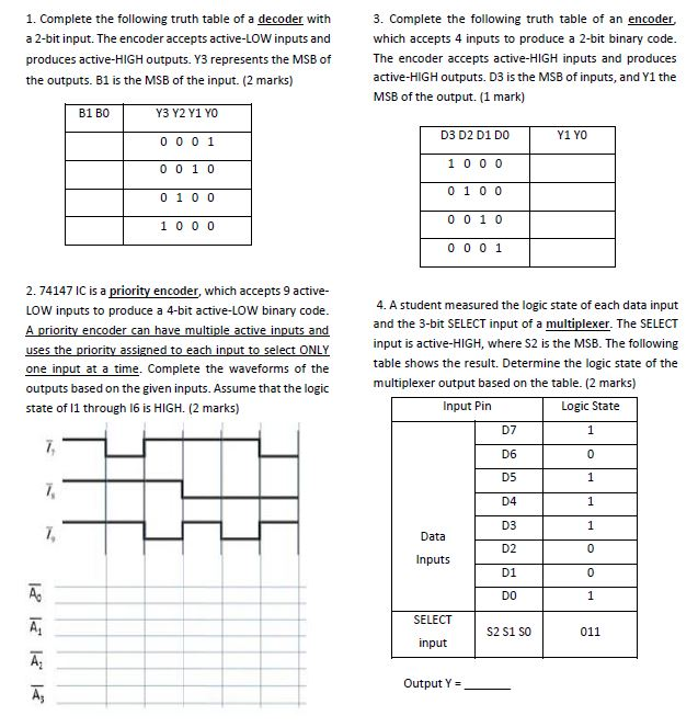 1. Complete the following truth table of a decoder | Chegg.com