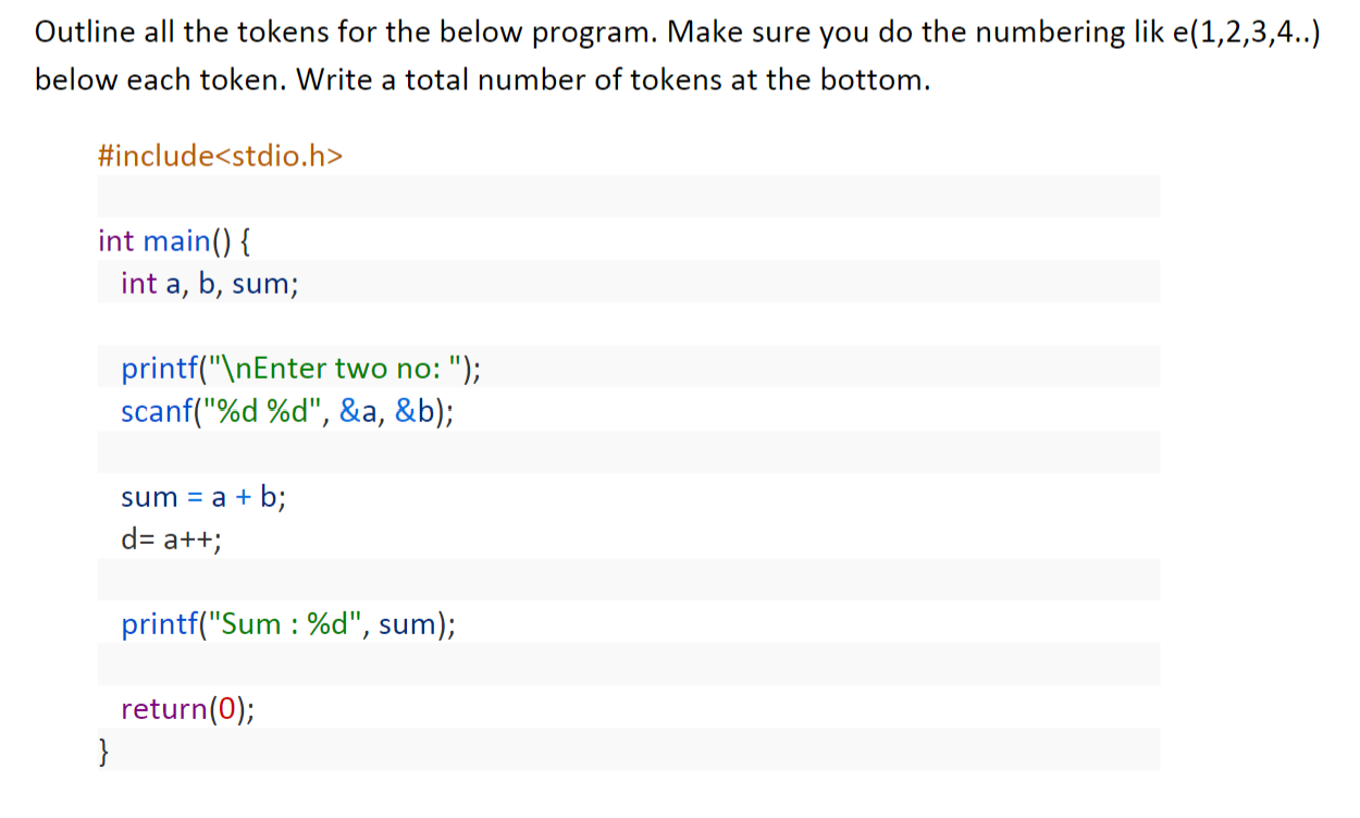 Solved Outline all the tokens for the below program. Make | Chegg.com