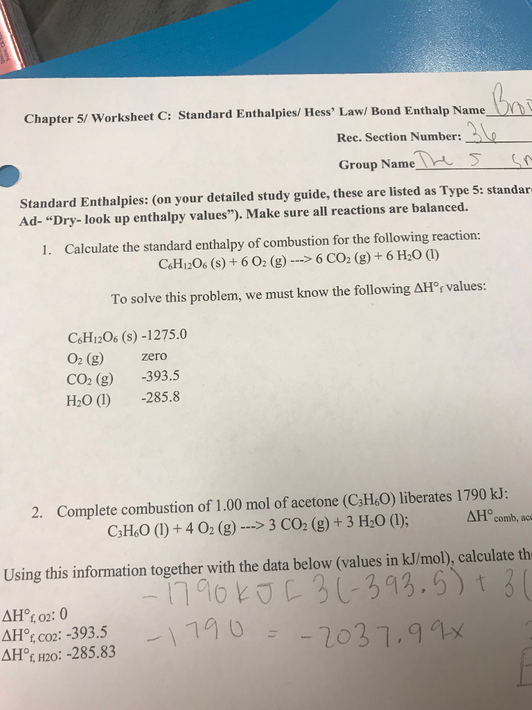 Solved Chapter 5/ Worksheet C: Standard Enthalpies/ Hess' | Chegg.com
