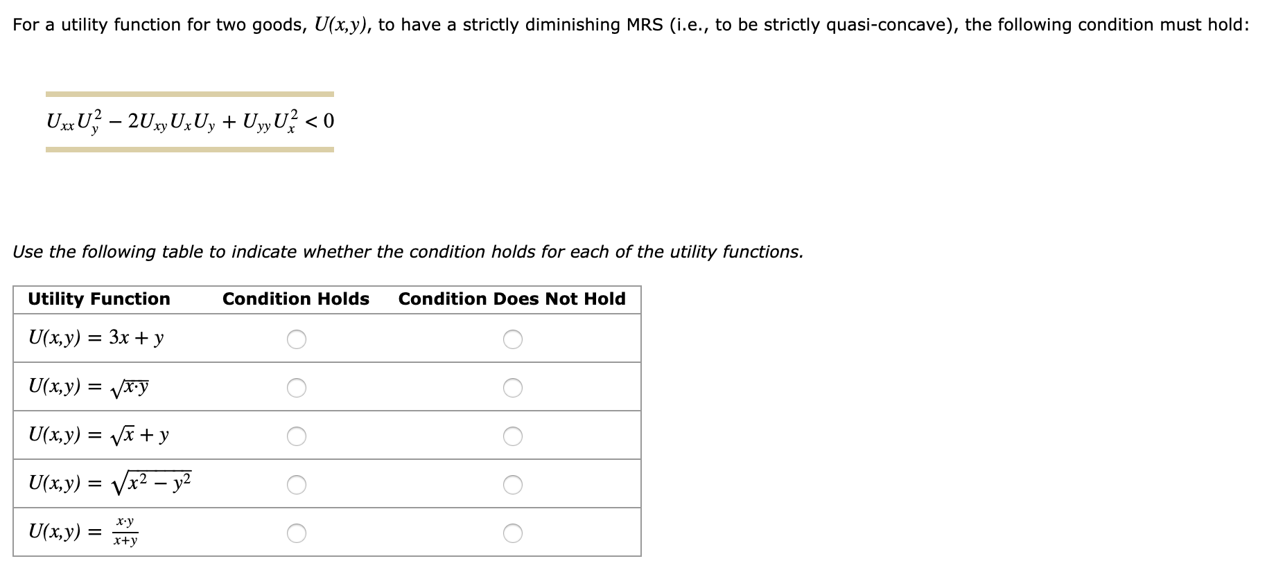 Solved For a utility function for two goods, U(x,y), to have | Chegg.com
