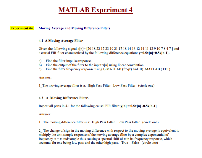 Solved Matlab Experiment 4 Experiment 4 Moving Average And