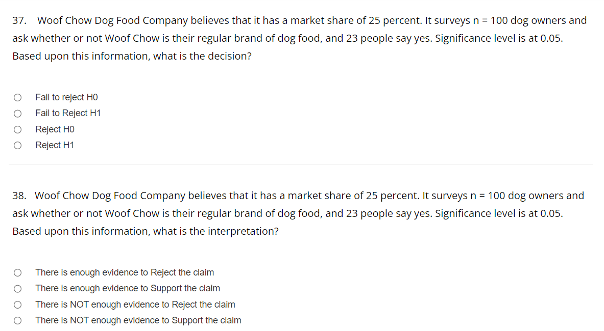 Solved 37. Woof Chow Dog Food Company believes that it has a | Chegg.com