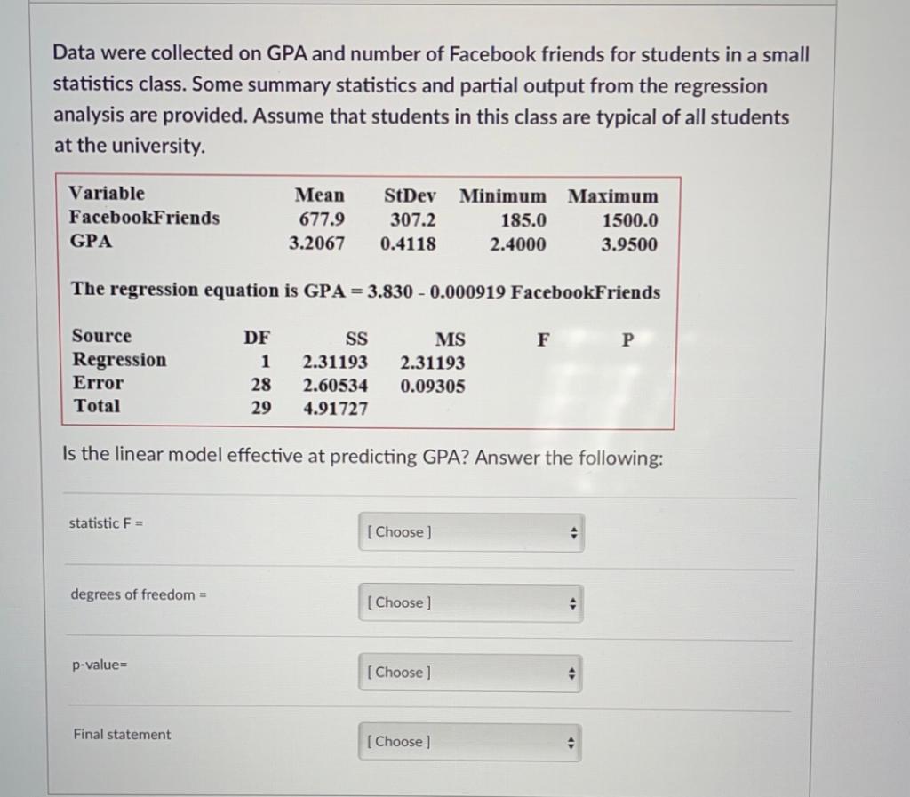 Solved Data were collected on GPA and number of Facebook | Chegg.com