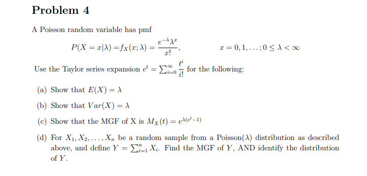 Solved Problem 4 A Poisson random variable has pmf P(X = x1) | Chegg.com