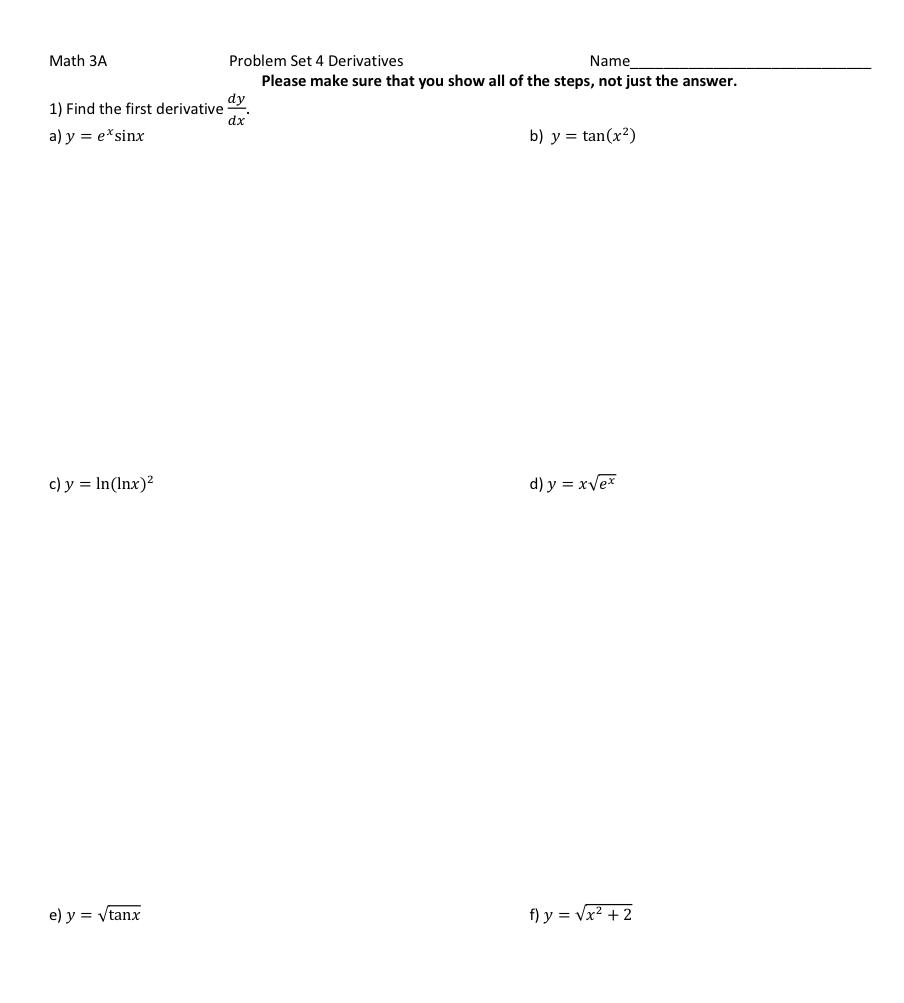 Solved Math 3A Problem Set 4 Derivatives Name Please make | Chegg.com