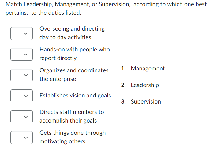 Solved Match Leadership, Management, or Supervision, | Chegg.com