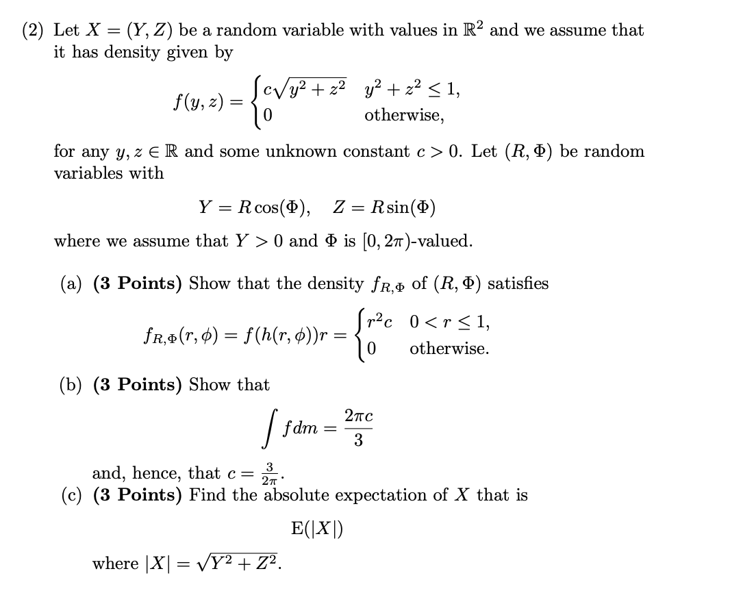 Solved (2) ﻿Let x=(Y,Z) ﻿be a random variable with values in | Chegg.com