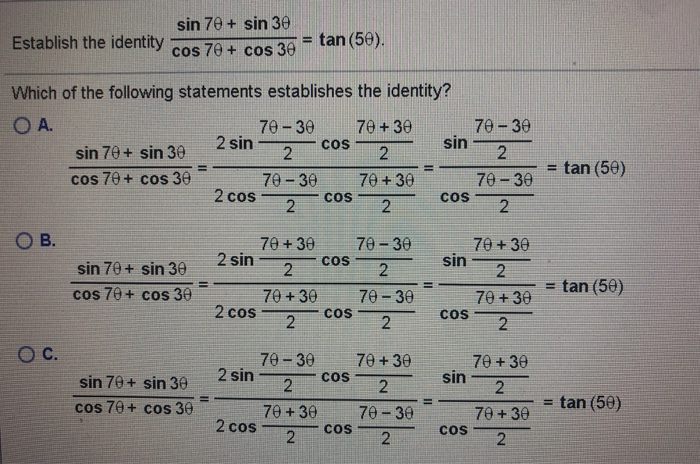 Solved sin 70+ sin 30 Establish the identity cos 79 + cos 30 | Chegg.com