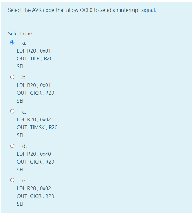 Solved Select the AVR code that allow OCFO to send an | Chegg.com