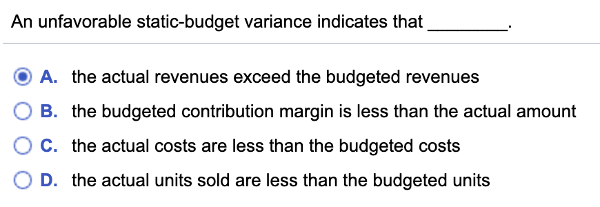 Solved An unfavorable static-budget variance indicates that | Chegg.com