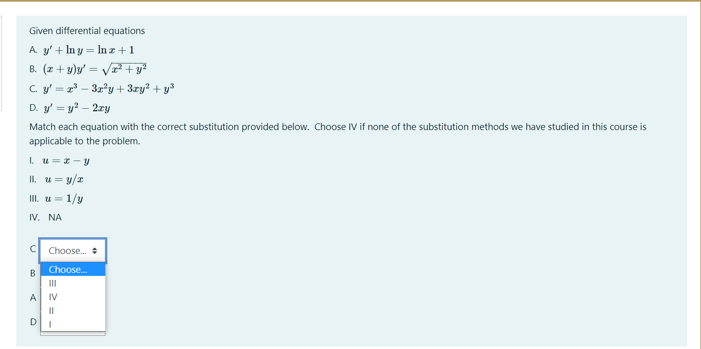 Solved Given differential equations A. y′+lny=lnx+1 B. | Chegg.com