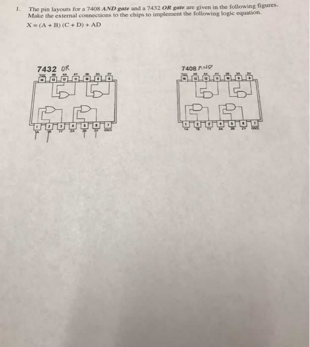 Solved 1. The pin layouts for a 7408 AND gate and a 7432 OR | Chegg.com