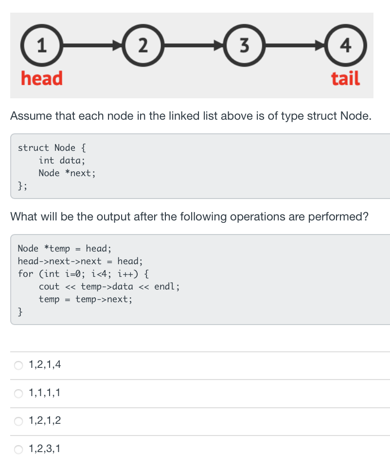 Solved 1 2 3 4 head tail Assume that each node in the linked | Chegg.com
