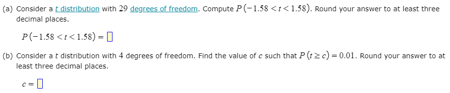 Solved (a)Consider a t distribution with 29 degrees of | Chegg.com