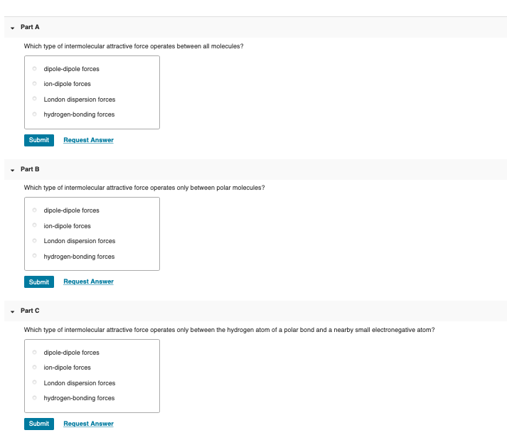 Solved Part A Which type of intermolecular attractive force | Chegg.com