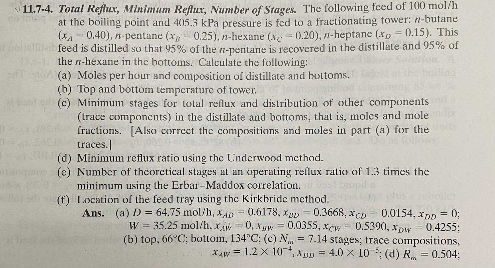 Solved 11.7-4. Total Reflux, Minimum Reflux, Number of | Chegg.com
