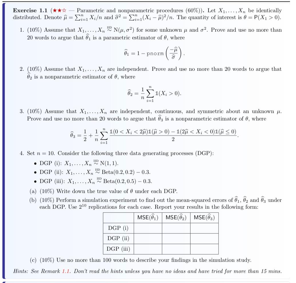 Exercise 1.1(⋆⋆ - Parametric and nonparametric | Chegg.com