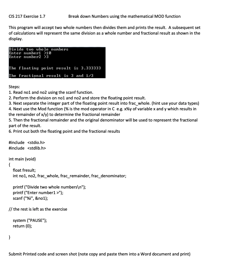 Solved CIS 217 Exercise 1.7 Break down Numbers using the | Chegg.com
