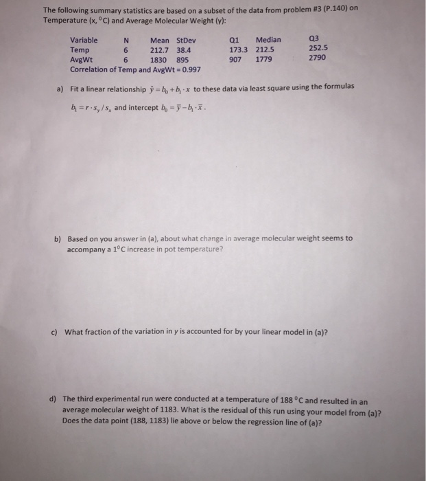 Solved The following summary statistics are based on a | Chegg.com