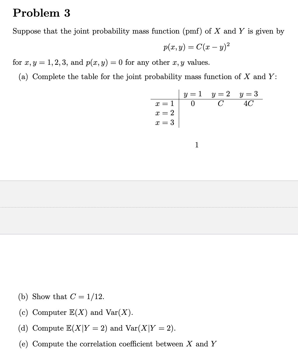 [Solved]: Problem 3 Suppose that the joint probability mas