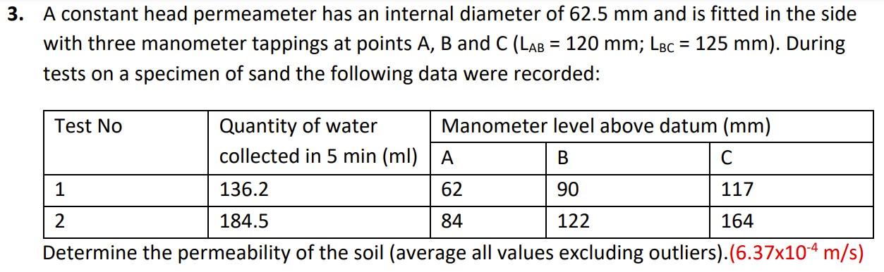 Solved A constant head permeameter has an internal diameter | Chegg.com