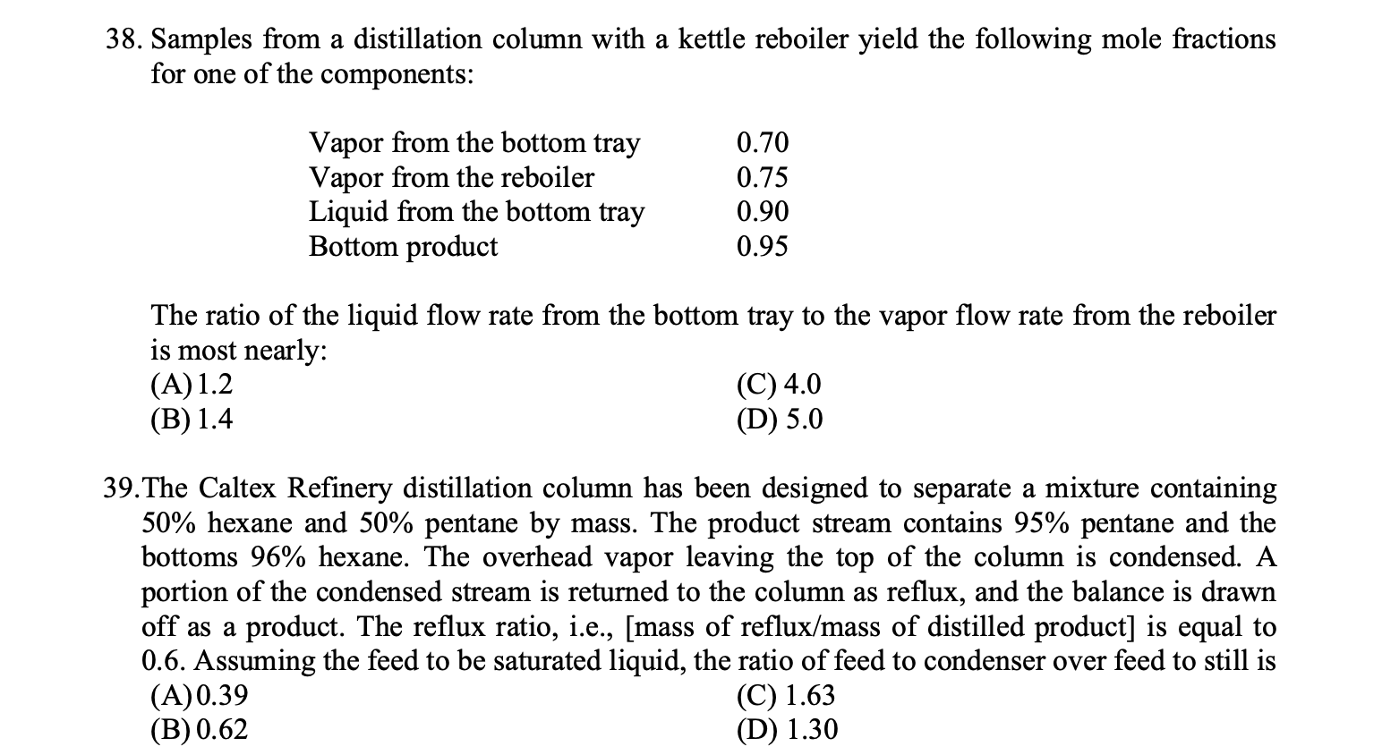 Solved 38. Samples from a distillation column with a kettle | Chegg.com