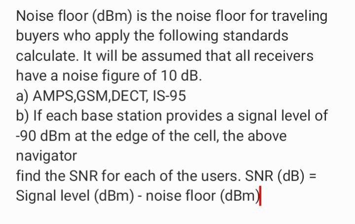 Solved Noise floor (dBm) is the noise floor for traveling | Chegg.com