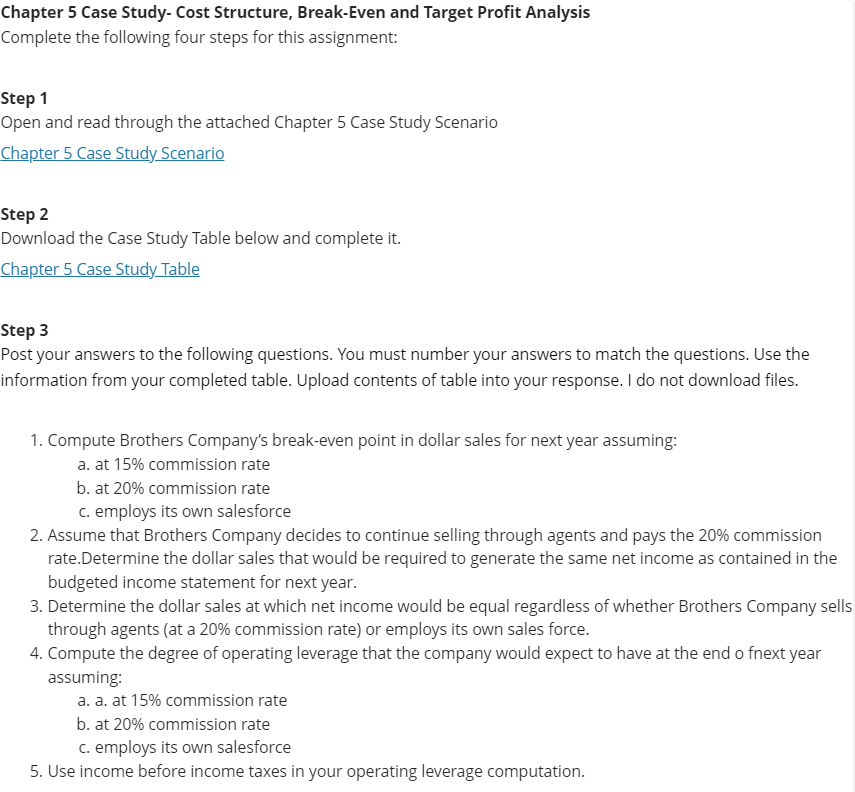 Solved Chapter 5 Case Study- Cost Structure, Break-Even and | Chegg.com