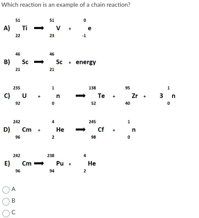 Solved Which reaction is an example of a chain reaction? B) | Chegg.com