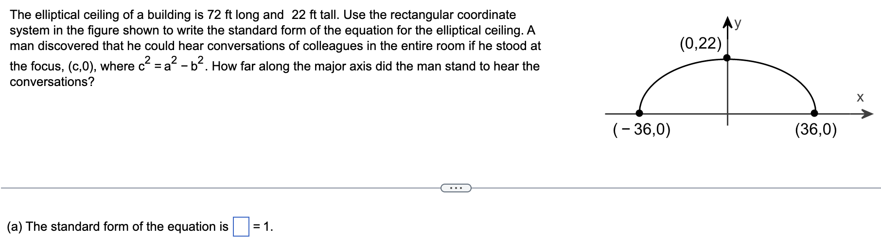 Solved The elliptical ceiling of a building is 72ft long and | Chegg.com