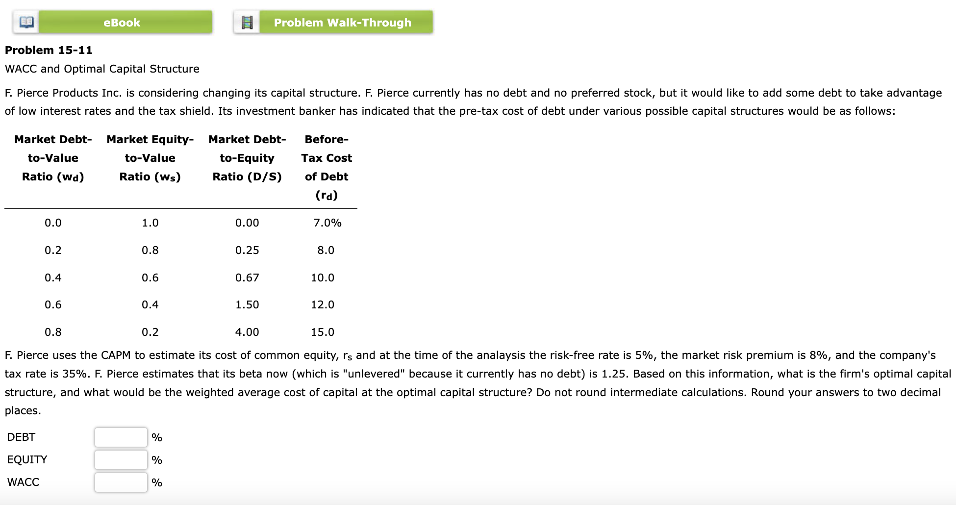 Solved WACC and Optimal Capital Structureplaces.DEBTEQUITY | Chegg.com