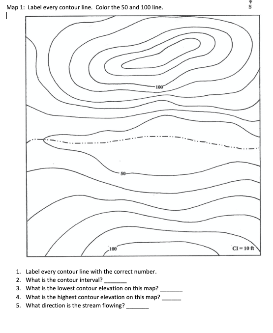Solved Map 1: Label every contour line. Color the 50 and 100 | Chegg.com