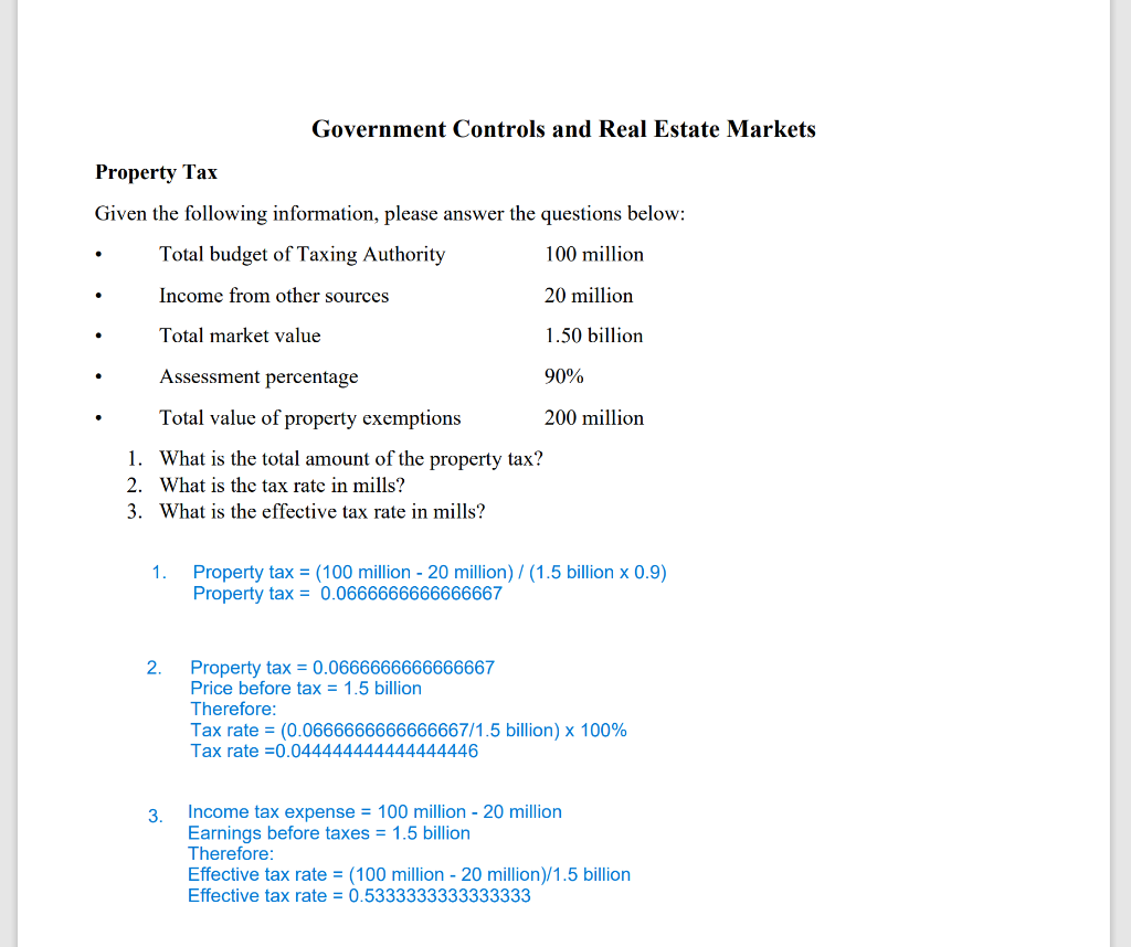 Solved Property Tax Given the following information, please | Chegg.com