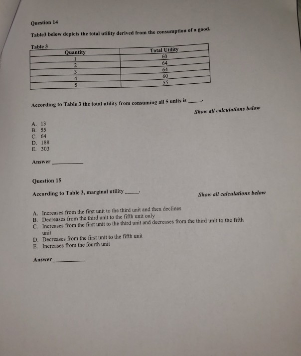 Solved Question 14 Table3 below depicts the total utility | Chegg.com