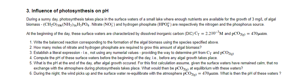 3. Influence of photosynthesis on pH During a sunny | Chegg.com