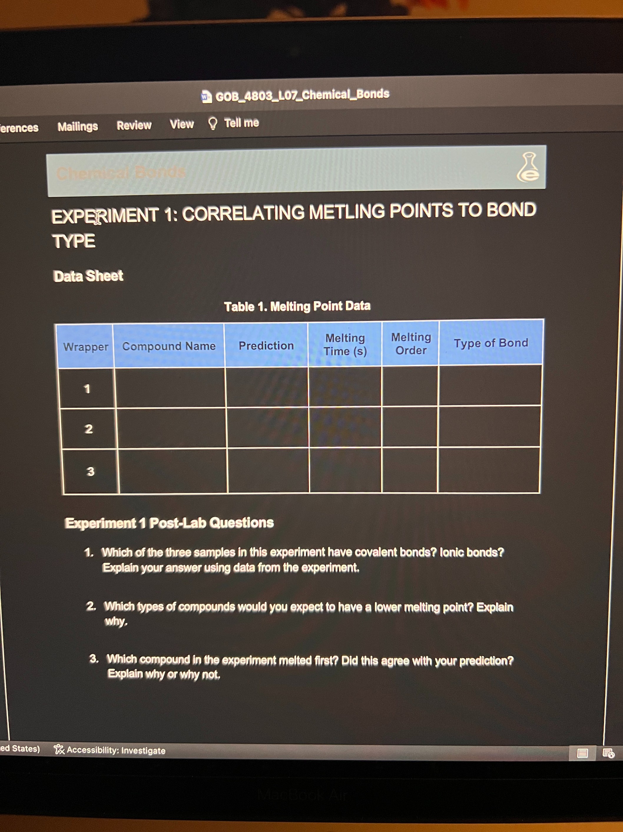 Table 1. Melting Point Data Experiment 1 Post-Lab | Chegg.com