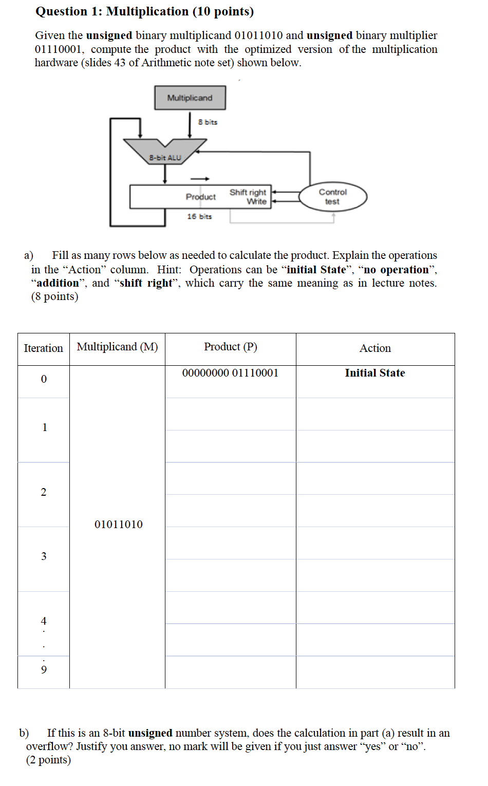 Solved Question 1: Multiplication (10 points) Given the | Chegg.com