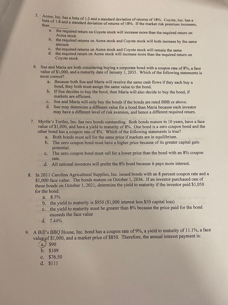 a. 5. Acme, Inc. has a beta of 1.2 and a standard | Chegg.com