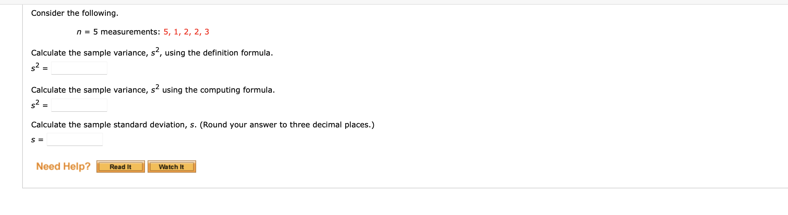 Solved Consider the following. n=5 measurements: 5,1,2,2,3 | Chegg.com