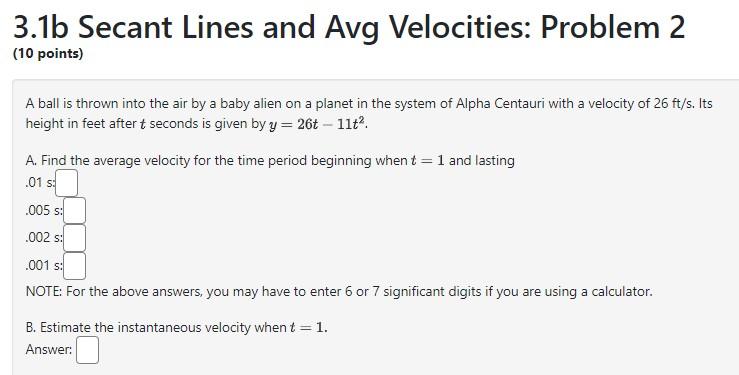 Solved 3.1b Secant Lines and Avg Velocities: Problem 2 (10 | Chegg.com