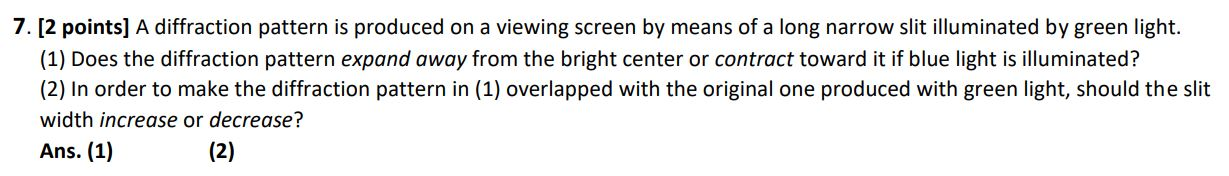 Solved 7. [2 points] A diffraction pattern is produced on a | Chegg.com
