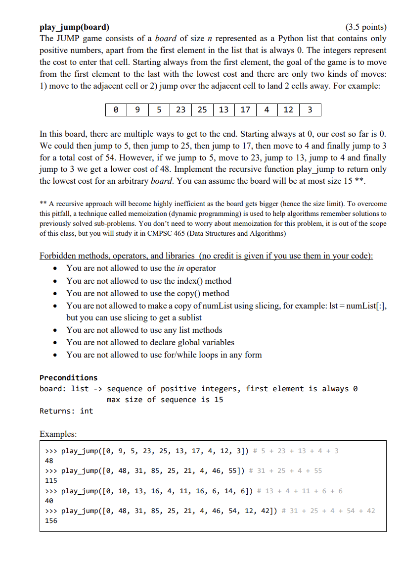 Solved play_jump(board) (3.5 points) The JUMP game consists | Chegg.com