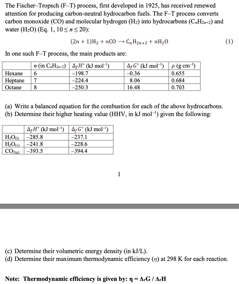 Solved The Fischer-Tropsch (F−T) process, first developed in | Chegg.com