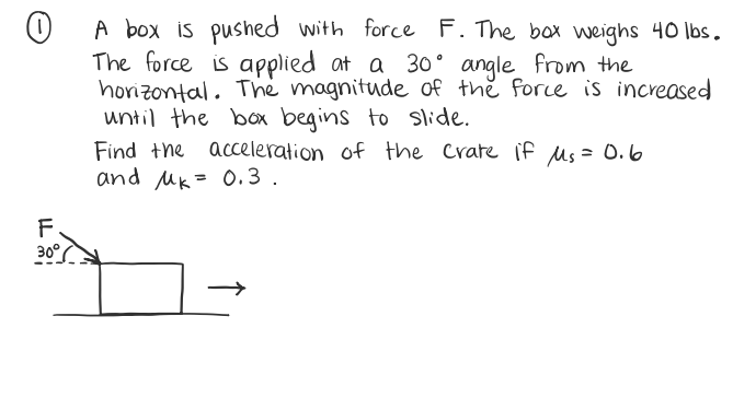 Solved (1) A box is pushed with force F. The box weighs | Chegg.com