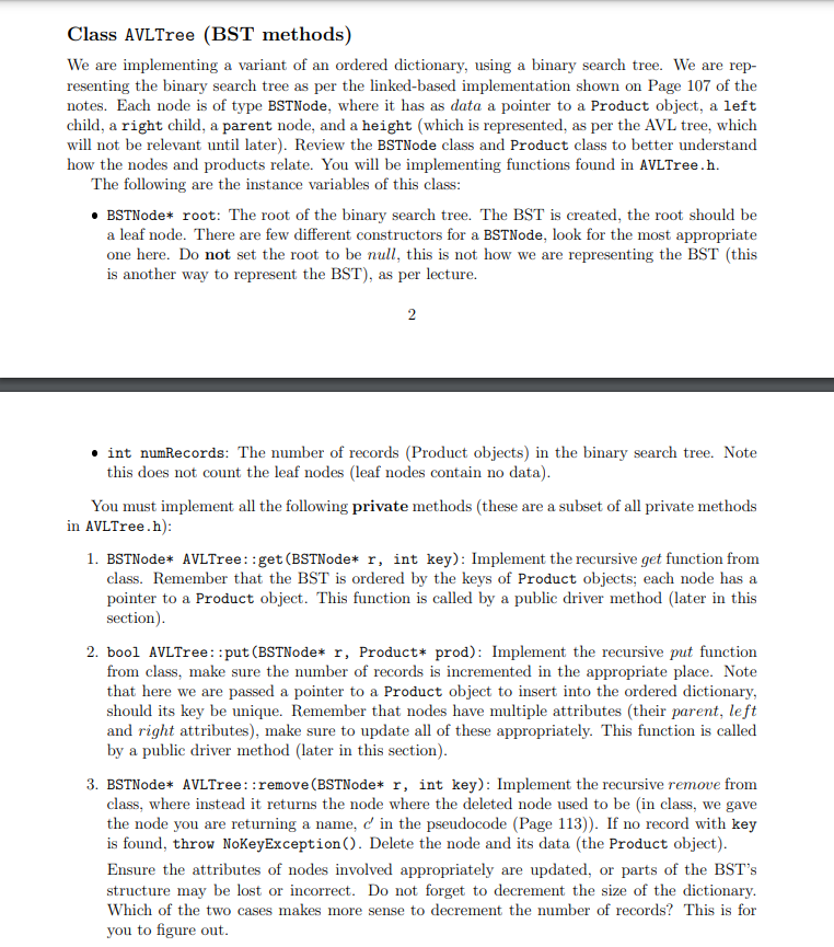 Solved Class AVLTree (BST methods) We are implementing a | Chegg.com