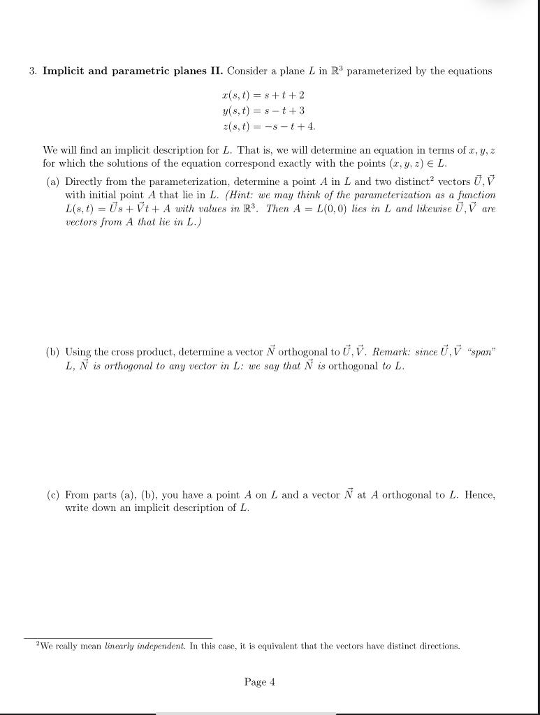 Solved 3. Implicit and parametric planes II. Consider a | Chegg.com