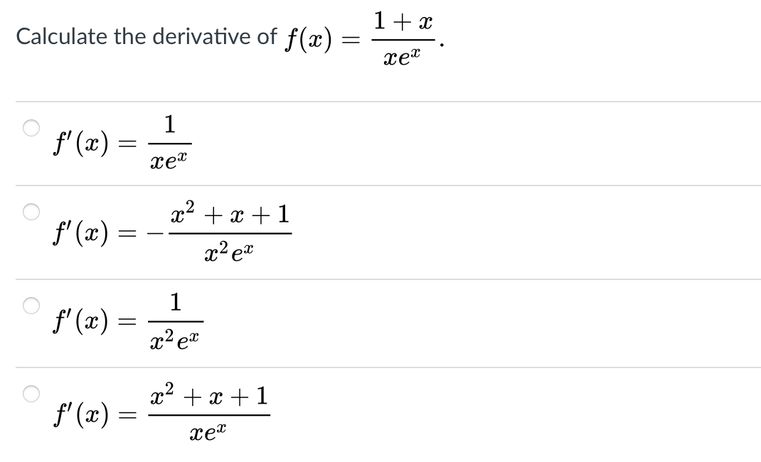 Solved 1 + x Calculate the derivative of f(x) Xex 1 f'(2) = | Chegg.com