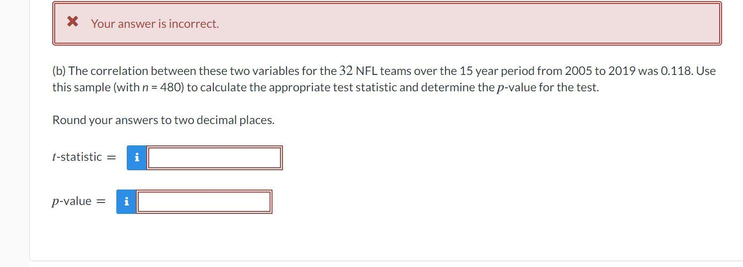 Solved X Your answer is incorrect. (b) The correlation | Chegg.com