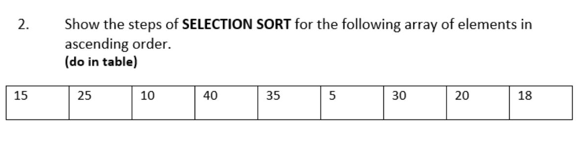 Solved 2. Show the steps of SELECTION SORT for the following | Chegg.com