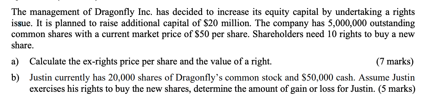 Solved The management of Dragonfly Inc. has decided to | Chegg.com